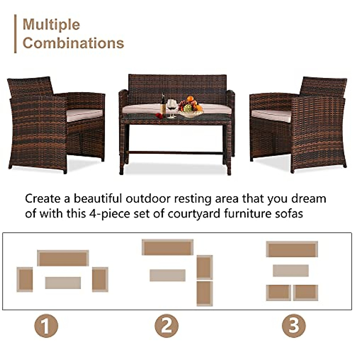 FDW 4 Pieces Outdoor Patio Furniture Sets Rattan Chair Patio Set Wicker Conversation Set Poolside Lawn Chairs Porch Poolside Balcony Outdoor Garden Furniture,Beige Cushion