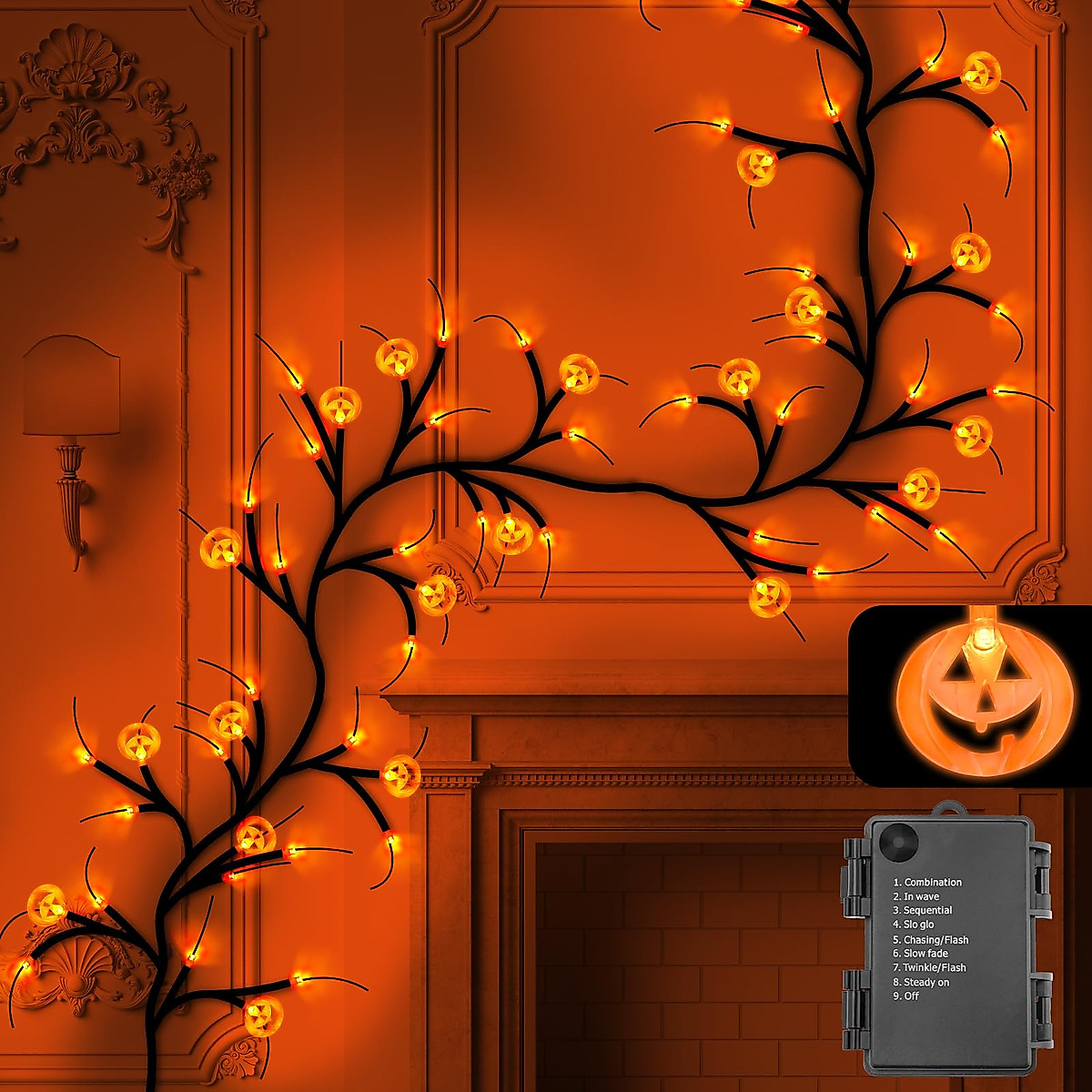 BOLWEO Halloween Willow Vine Twig Garland Lights, 6ft Pumpkin Lights Battery Operated with Timer 8 Modes Waterproof Halloween Decorations for Wall Window Door