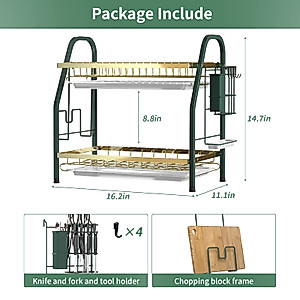 Boiarc Dish Drying Rack, 2 Tier Dish Rack for Kitchen Counter with Drainboard and Utensil Holder, Large Dish Drainer for Small Kitchen - Gold and Green¡­