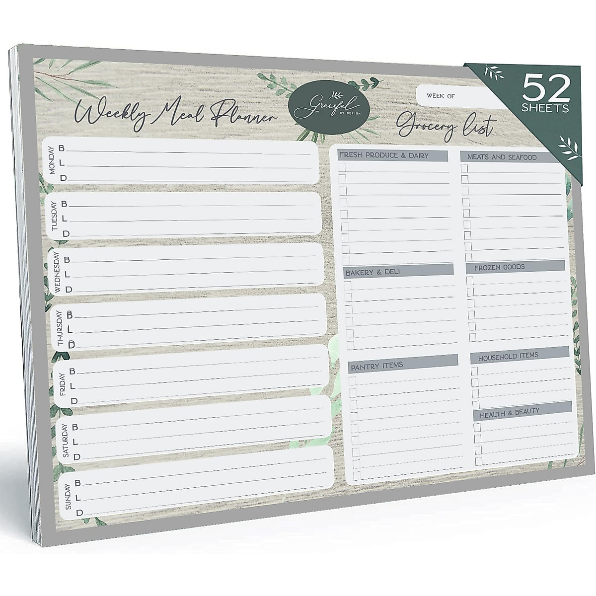 Graceful By Design Weekly Meal Planner and Grocery List Magnet Pad For Fridge or Wall - Weekly Menu Board For Kitchen and Meal Planner Magnetic with Tear-Off Grocery List Notepad - 8.5" x 11"