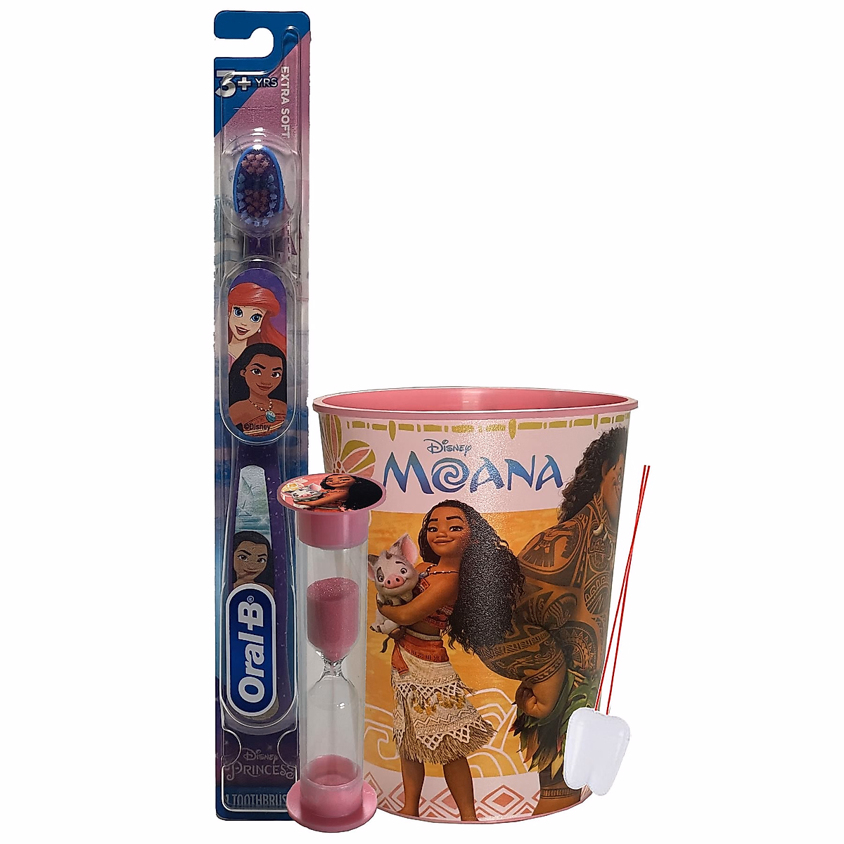 Moana Inspired 3pc Bright Smile Oral Hygiene Bundle! Toothbrush, Brushing Timer & Mouthwash Rinse Cup! Plus Dental Gift & Remember to Brush Visual Aid!