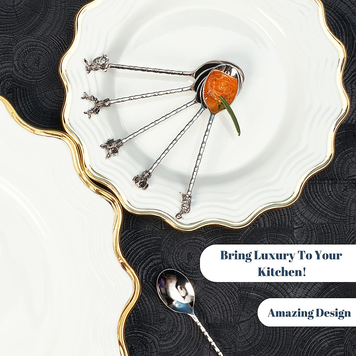 Rigeli Regent White Bronze plated Set of 6 Tea/Coffee Spoons (Animals Design),Giftpacked 6Pcs Stainless Steel, Spoon Set for Tea, Sugar, Coffee, Small Spoon Set, Ice Cream Spoon (Silver)