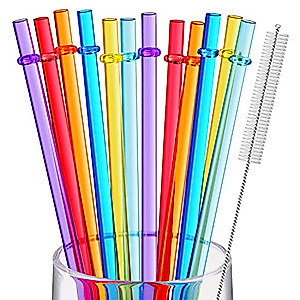 12 Pieces 11 Inches Reusable Plastic Straws for Tall Cups and Tumblers, BPA-Free Unbreakable Clear Colored Replacement Drinking Straws with 1 Cleaning Brush, Not Dishwasher Safe