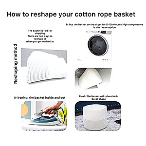 Lorfa Cotton Rope Storage Basket - Woven Laundry Baskets for Blanket, Baby Toy Storage Basket with Hidden Handle, Nursery Basket, 12 By 11 inch (12X11 inch , Grey Line)