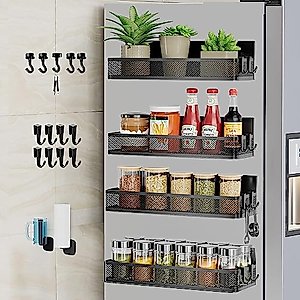 Magnetic Spice Rack for Refrigerator, 4 PACKS Super Strong Magnetic Holder 13lbs, Movable Magnetic Shelf for Refrigerator Kitchen Organization -2 Paper Towel Holder,5 Magnetic Hooks,8 Removable Hooks