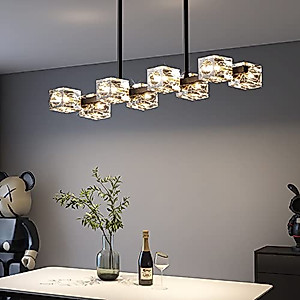 OKES Black Chandelier,Crystal Pendant Lights Fixture with 8-Lights,Modern Cube lamp Shade Hanging Ceiling Light for Dining Room,Kitchen Island,Bedroom,Living Room
