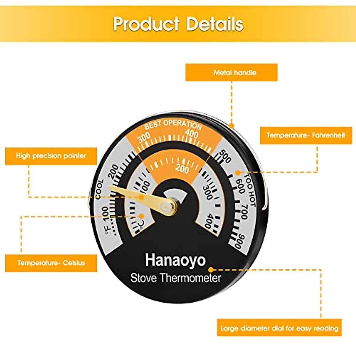 Hanaoyo Magnetic Wood Stove Thermometer Stove Pipe Thermometer, Stove Top Thermometer for Wood Burning Stoves (2, Black with Yellow, small)