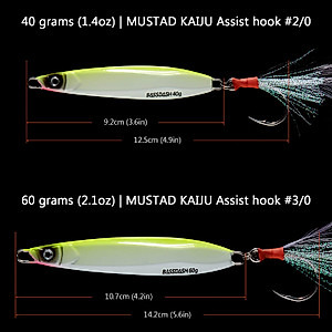 BASSDASH STIX Casting Jig Lure Vertical Slow Jigging Lures 1.4oz 2.1oz with Mustad Hooks 2/0 3/0 for Saltwater Freshwater Kayak Boat Shore Fishing, 3-Pack (3-Pack (CFR), 60 Grams (2.1 oz))