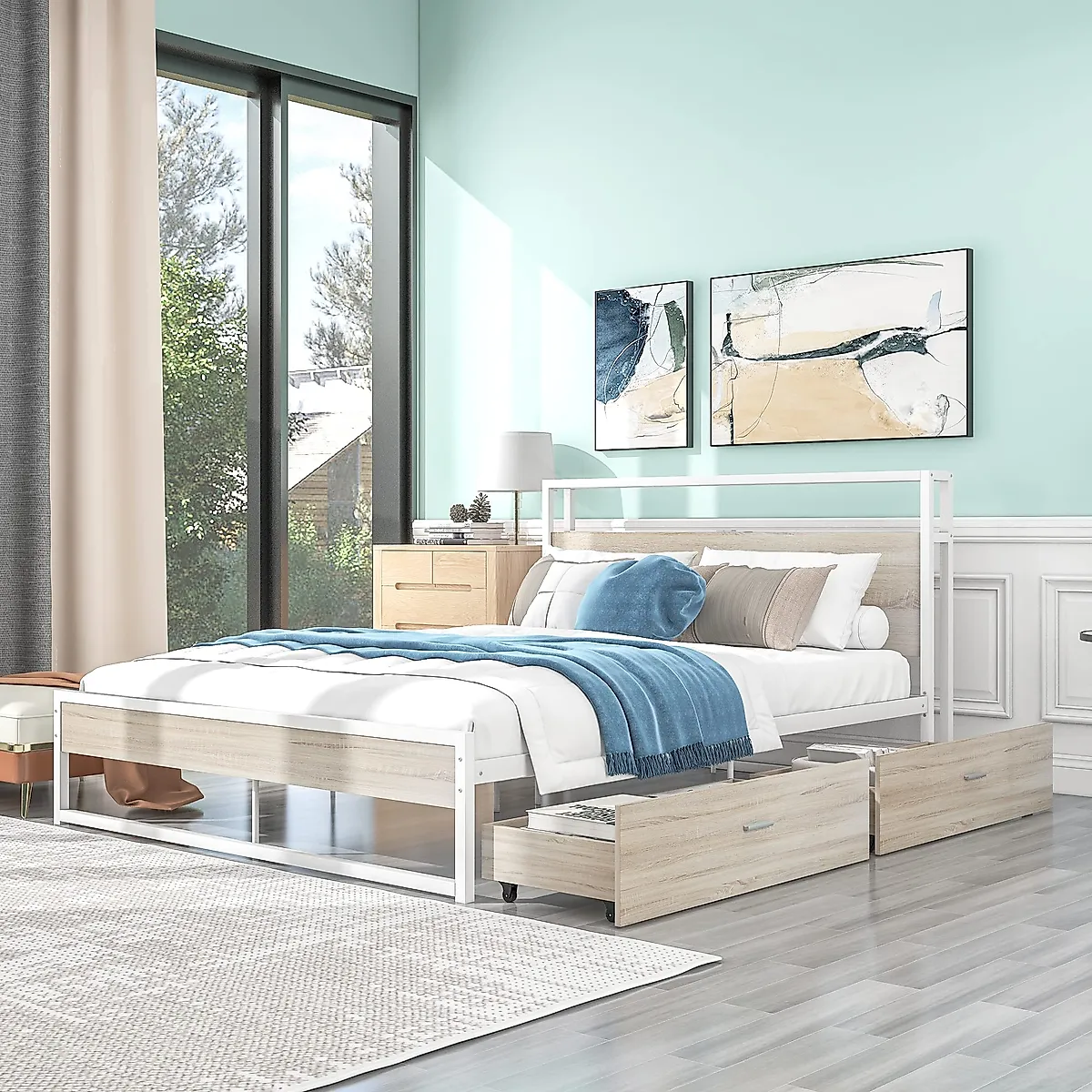 CITYLIGHT Metal Bed Frame Queen with Two Drawers, Queen Size Storage Bed with Sockets, USB ports and Slat Support,No Box Spring Needed,Easy Assembly,White