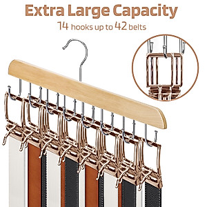 NECAMOCU Belt Hanger, Natural Wooden Belt Organizer for Closet, 360° Rotating Tie & Belt Rack for Storage with 14 Hooks, Sturdy Belt Holder Space Saver for Belt, Tie, Bra, Scarf, Tank Top Accessories