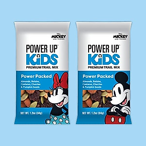 Power Up Kids Mickey & Friends Power Packed Trail Mix By Gourmet Nut - Cherries,Whole Cashews,Sliced Almonds,Raisins & Pumpkin Seeds - Gluten Free, Non GMO - 1.2oz Individually Wrapped Pouches (6 Pk)