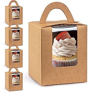VGOODALL Kraft Cupcake Boxes,50pcs Single Cupcake Carrier with Window Insert and Handle Kraft Pastry Containers Muffins Cupcake Carriers for Bakery Wrapping Party Favor Packing