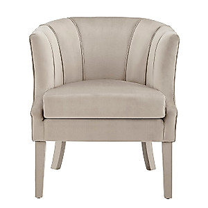 Iconic Home Sloane Accent Chair Velvet Vertical Channel Quilted Piped Stitching Barrel Back Design Upholstered Flared Legs Modern Contemporary, Taupe