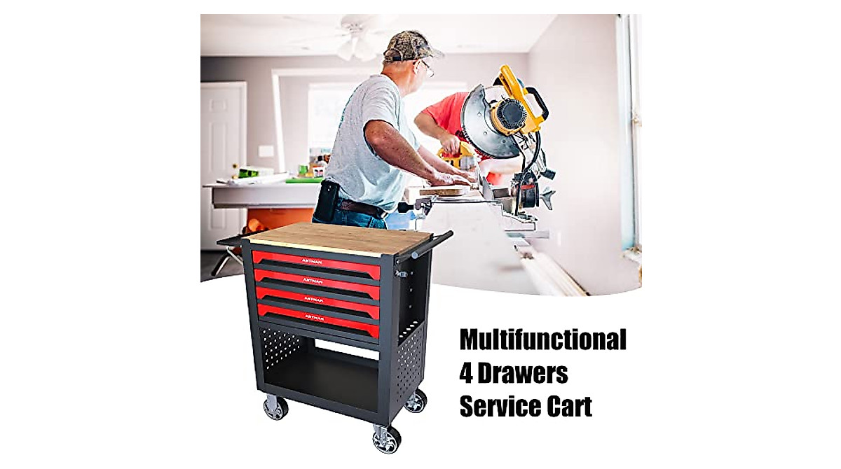 Heavy-Duty 36" Rolling Tool Cart with Wooden Top