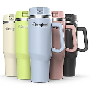 RANGLAND 40 oz Tumbler Cup with Handle and Carrier Bag, 24-Hour Insulated Water Bottle with Straw Lid, Neoprene Carrying Sleeve and Hand Strap (Feather Blue)