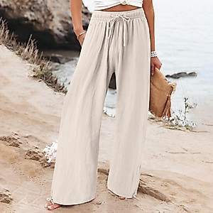 ZDJNSZTM Wide Leg Pants for Women 2023 Summer Linen Cotton High Waisted Drawstring Loose Long Baggy Palazzo Pant Trousers with Pockets Beige