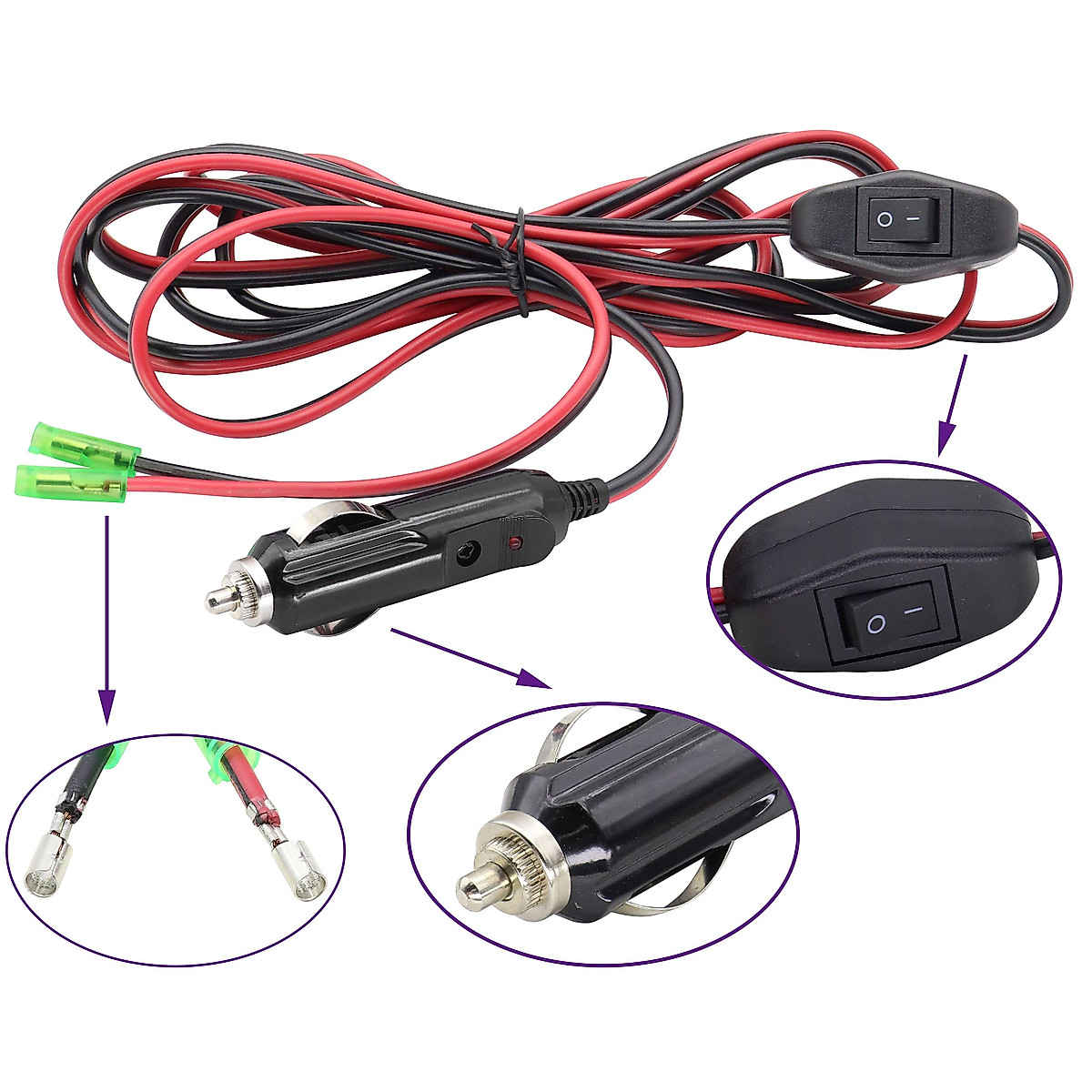 AAOTOKK 12V Male Cigarette Lighter Plug Cable with LED Light,16AWG &10A Fused Replacement Cigarette Lighter Male Plug Adapter to 4mm Interface Leads Plug Extension Cable with Switch(3M/10ft-Leads)