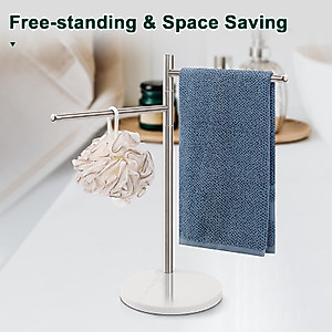 BathAce Hand Towel Holder, F-Shape Hand Towel Stand with Marble Base, Stainless Steel Swivel Stand Hand Towel Rack Free-Standing Towel Bar for Bathroom Kitchen Countertop, 2 Arms (Brushed Nickel)