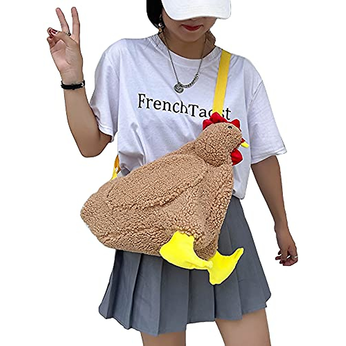 Cute Chicken Crossbody Bags for Women Girl Plush Handbags Cartoon Rooster Shoulder Bag (Khaki)