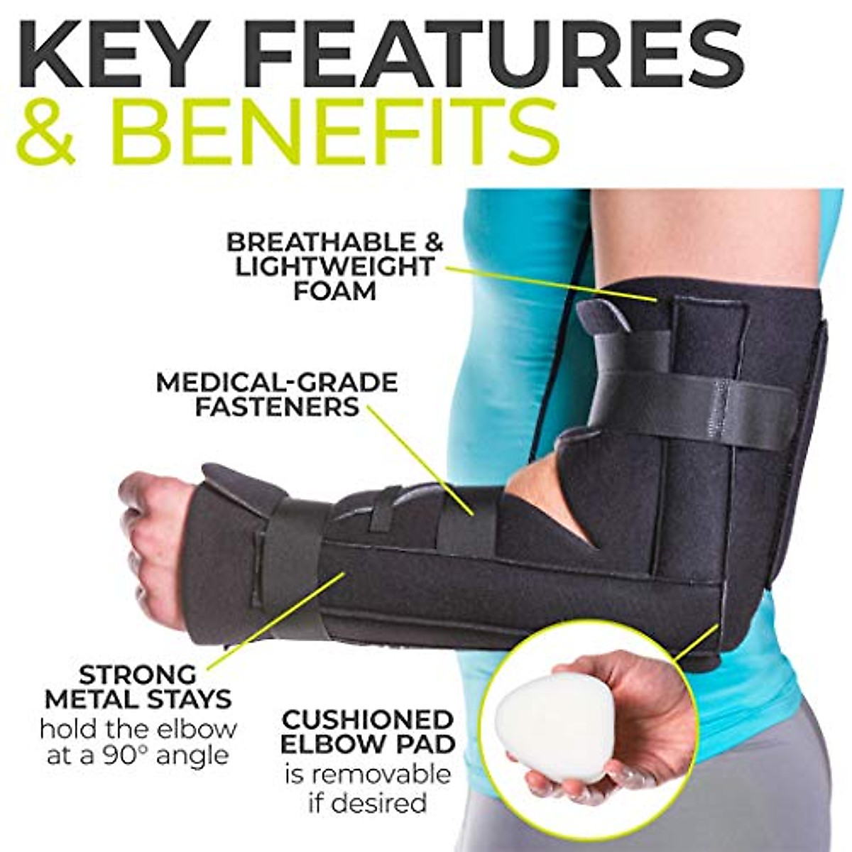 BraceAbility Elbow Immobilizer Brace | Removable Long Arm Cast and Soft Forearm Orthosis Splint for Broken Supracondylar, Distal Humerus, Proximal Ulna Fracture or Olecranon Bursitis (S/M)