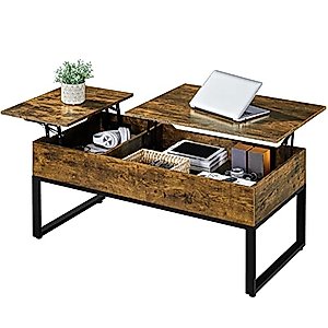 Yaheetech 2 Way Lift Top Coffee Table with Separated Hidden Storage Compartments,Adjustable Tabletop Dining Table for Living Room, Metal Frame, Rustic Brown