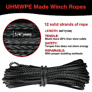 WROUGH 1/4" Synthetic Winch Rope 50 Ft Black Heavy Duty 10000 lb ATV Winch Rope Line with Steel Hook Rubber Stopper Protecting Sleeve/Sheath and Thimble Universal Fit for ATV SUV Vehicle Winch Rope