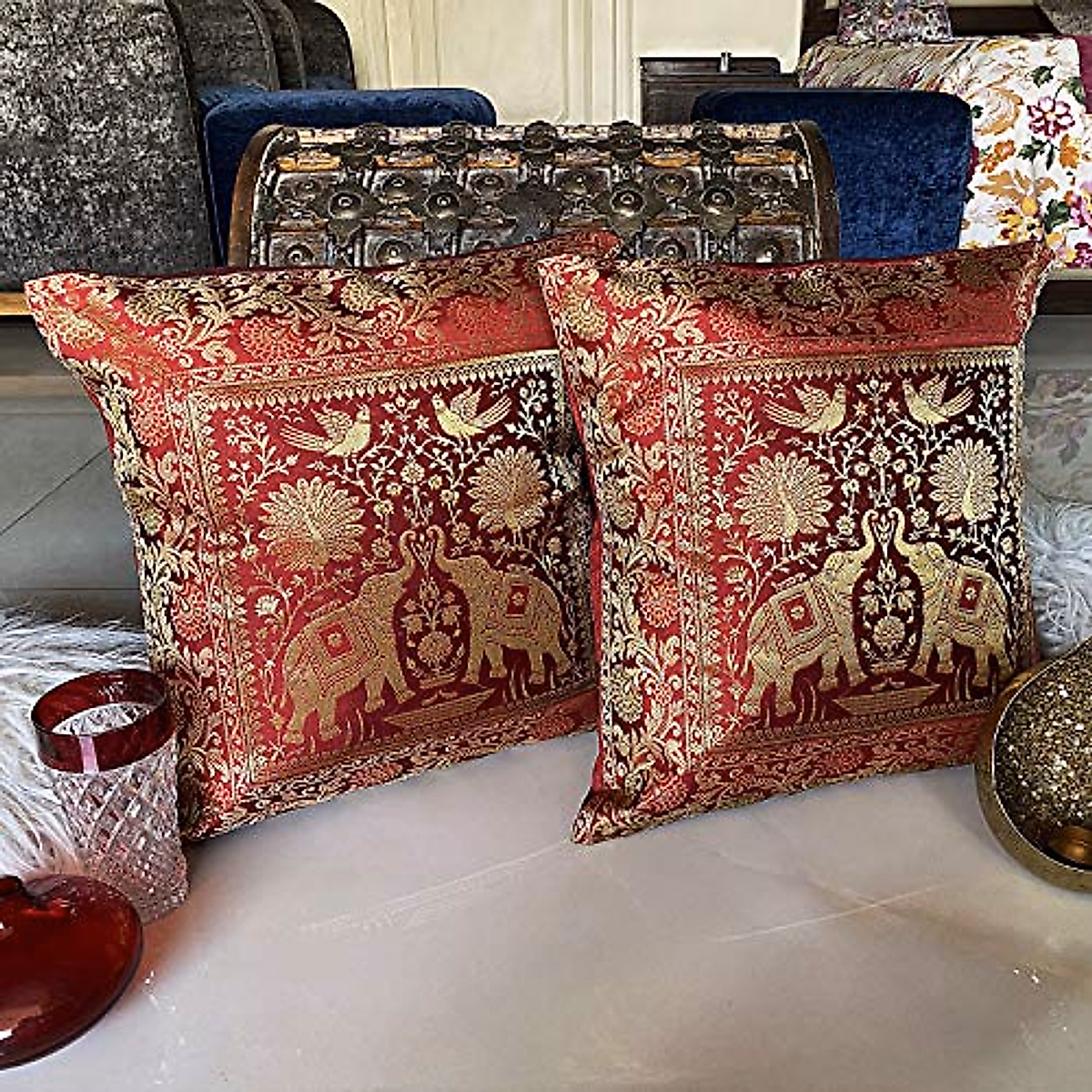 Set of 2 Home Decorative Square Pillowcase Bohemian Throw Pillow Cushion Cover Banaras Brocade Silk Woven Ethnic Traditional Royal Motifs Handcrafted for Gift Pillowcase (Maroon)