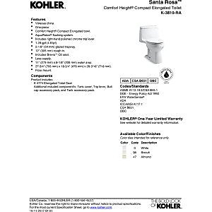 KOHLER 3810-RA-0 Santa Rosa One-Piece Compact Elongated Toilet, Comfort Height, Chair Height High-Efficiency Toilet, 1.28 GPF, White