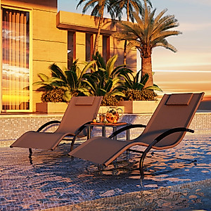 Patio Chaise Lounge Set of 3, Outdoor Pool Lounge Chair Beach Sunbathing Lawn Lounger Recliner Chair, Backrest Tanning Chairs with Arm & Side Table for All Weather, Poolside, Deck, Balcony, Backyard