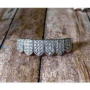 18K White Gold Plated CZ Cluster Custom Slugs Top Bottom Grillz Mouth Teeth Grills Set - Grillz, Teeth Cap, Iced Out Grillz (Top & Bottom Set)