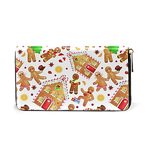 Christmas Cookies Gingerbread Man and Girl Near Sweet House Leather Long Wallet Organizer with Zipper Purse Clutch Bag for Women Men