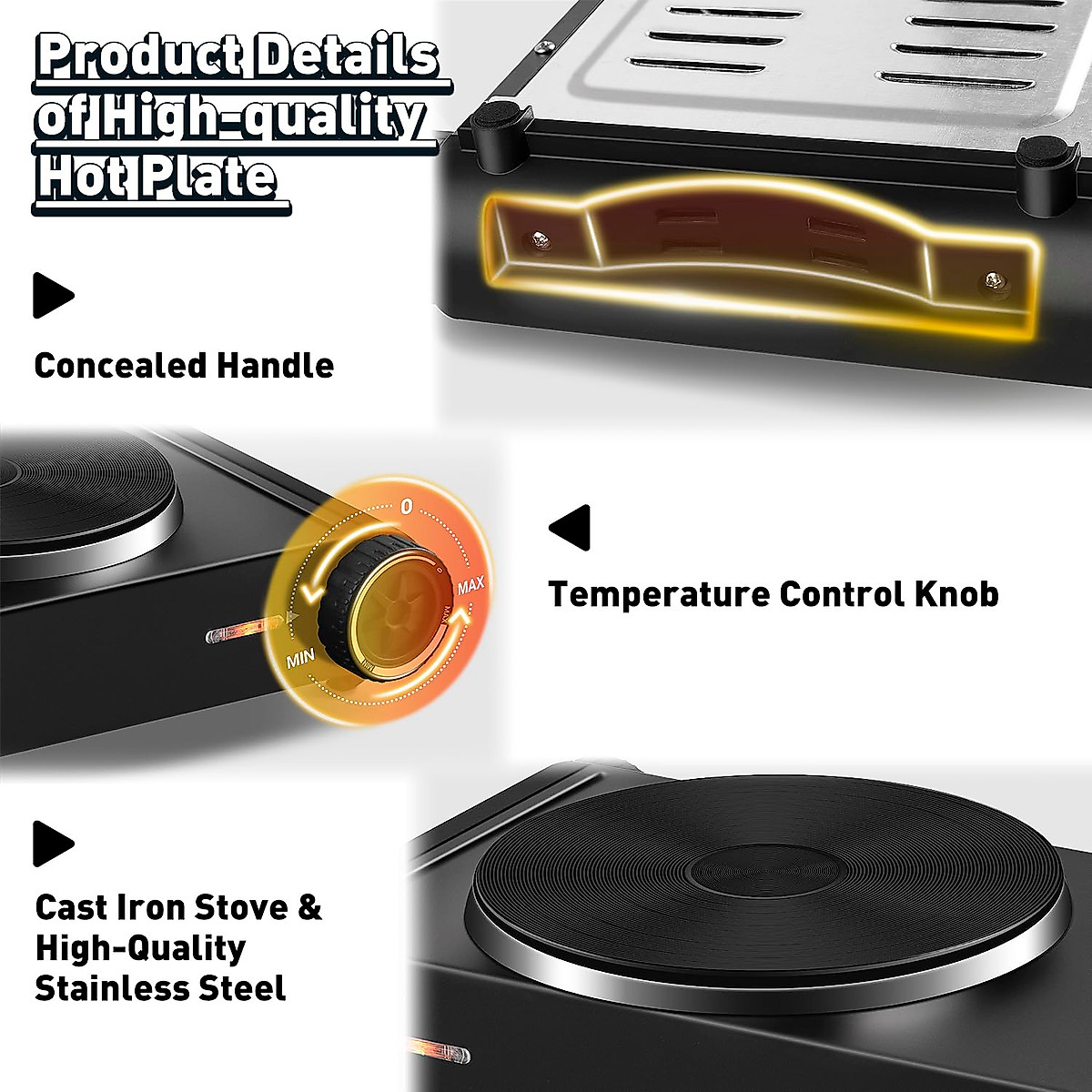 CUSIMAX Hot Plate,1500W Electric Portable Cast Iron Stove with Temperature Controls,Hot Plates for Cooking,Compatible for All Cookwares,Concealed Handle,Easy to Clean