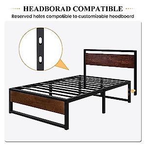 SHA CERLIN 14'' Twin Size Metal Platform Bed Frame with Rustic Wood & Reverse Holes/Ample Under-Bed Storage Space/Mattress Foundation/No Box Spring Needed/Easy Assembly/Noise Free, Metal Slats