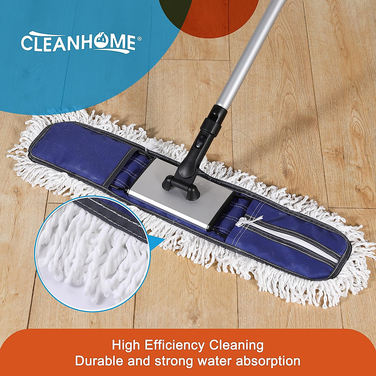 CLEANHOME 24" Commercial Dust Mop for Floor Cleaning, Heavy Duty Duster Floor Mop with 59” Extendable Long Handle,Hotel Gym Garage Hospital Household Cleaning Supplies for Hardwood,Marble Floors,Blue