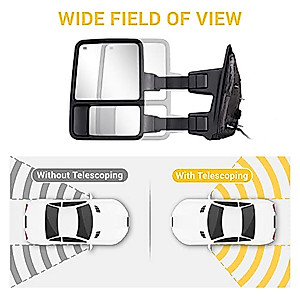 Towing Mirrors for 1999-2016 Ford F250 F350 F450 F550 Super Duty with Power Glass Turn Signal Light Running Lights Heated Extendable Pair (Smoke lens)