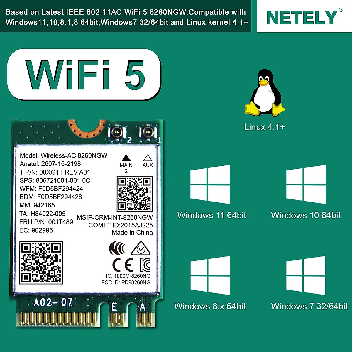 NETELY Wireless-AC 8260NGW NGFF M2 Interface 1200Mbps WiFi Adapter with Bluetooth 4.2, Intel Wireless-AC 8260NGW, Wireless-AC 2.4GHz 300Mbps & 5GHz 867Mbps WiFi Network Card (Wireless-AC 8260NGW)
