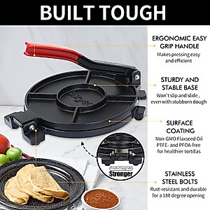 Ezyec Cast Iron Tortilla Press 8-10 Inch, Large Roti Maker with Silicone Grip Handle for Roti, Taco, Flour, Corn, Dough, Chapati, Sturdy Prensa Para Tortillas Maker Press W/ 50 Pcs Parchment Paper