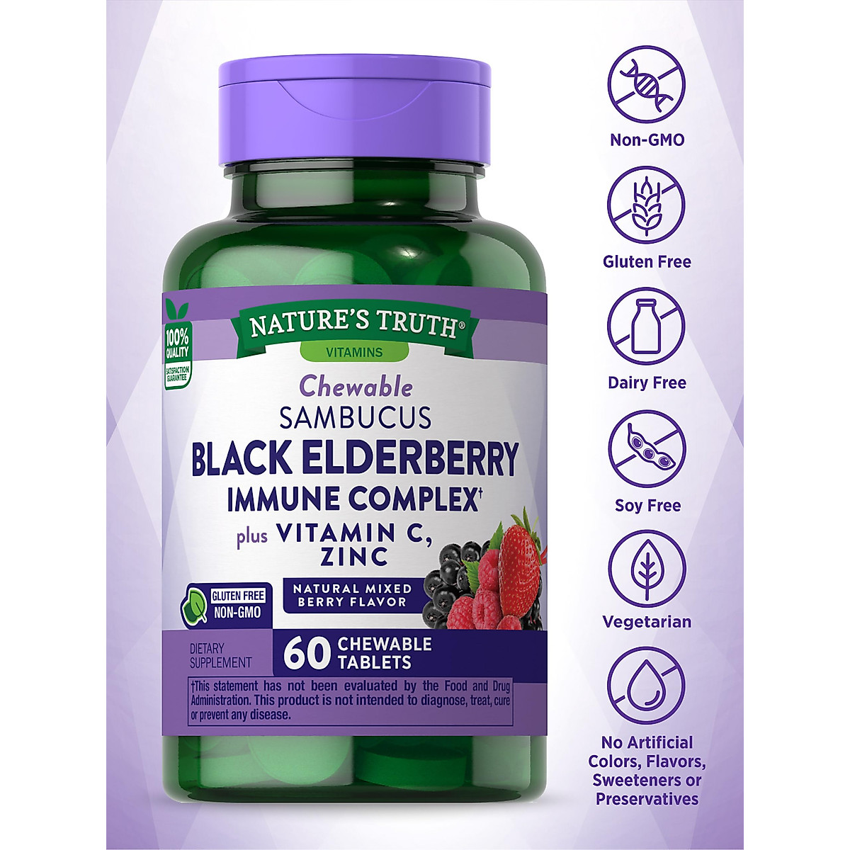 Black Elderberry Immune Complex | 60 Chewable Tablets | Plus Vitamin C & Zinc | Natural Mixed Berry Flavor | Vegetarian, Non-GMO, and Gluten Free Formula | By Nature's Truth