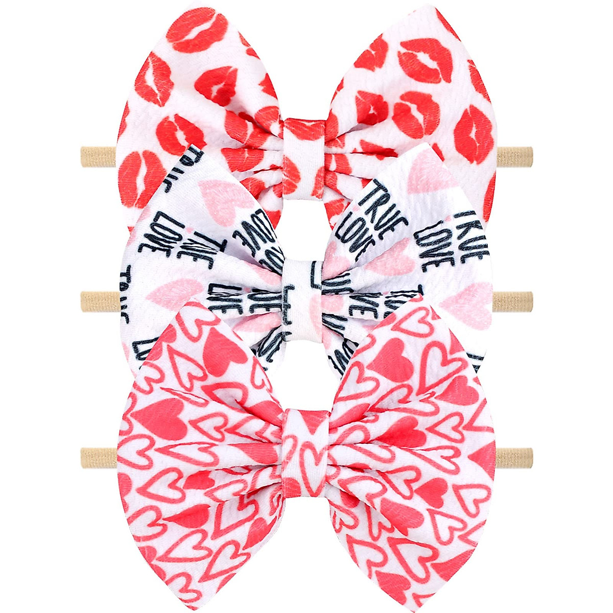 NCMAMA Valentine's Day Baby Headbands Pink Red Love Heart Printed Elastic Nylon Valentines Hairbands for Baby Girls Newborn and Infant 3 Pcs (Valentine's Day- A)