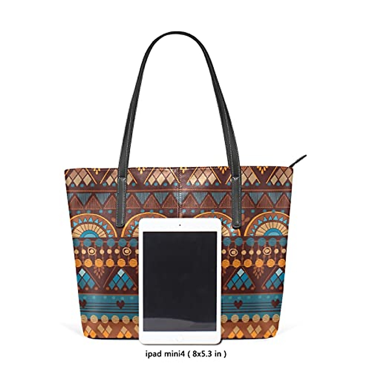 Leather Tote Bag for Women with Zipper Handbags Shoulder Bag African Print Geometric Ethnic Brown Pockets Work Travel Small Office Business
