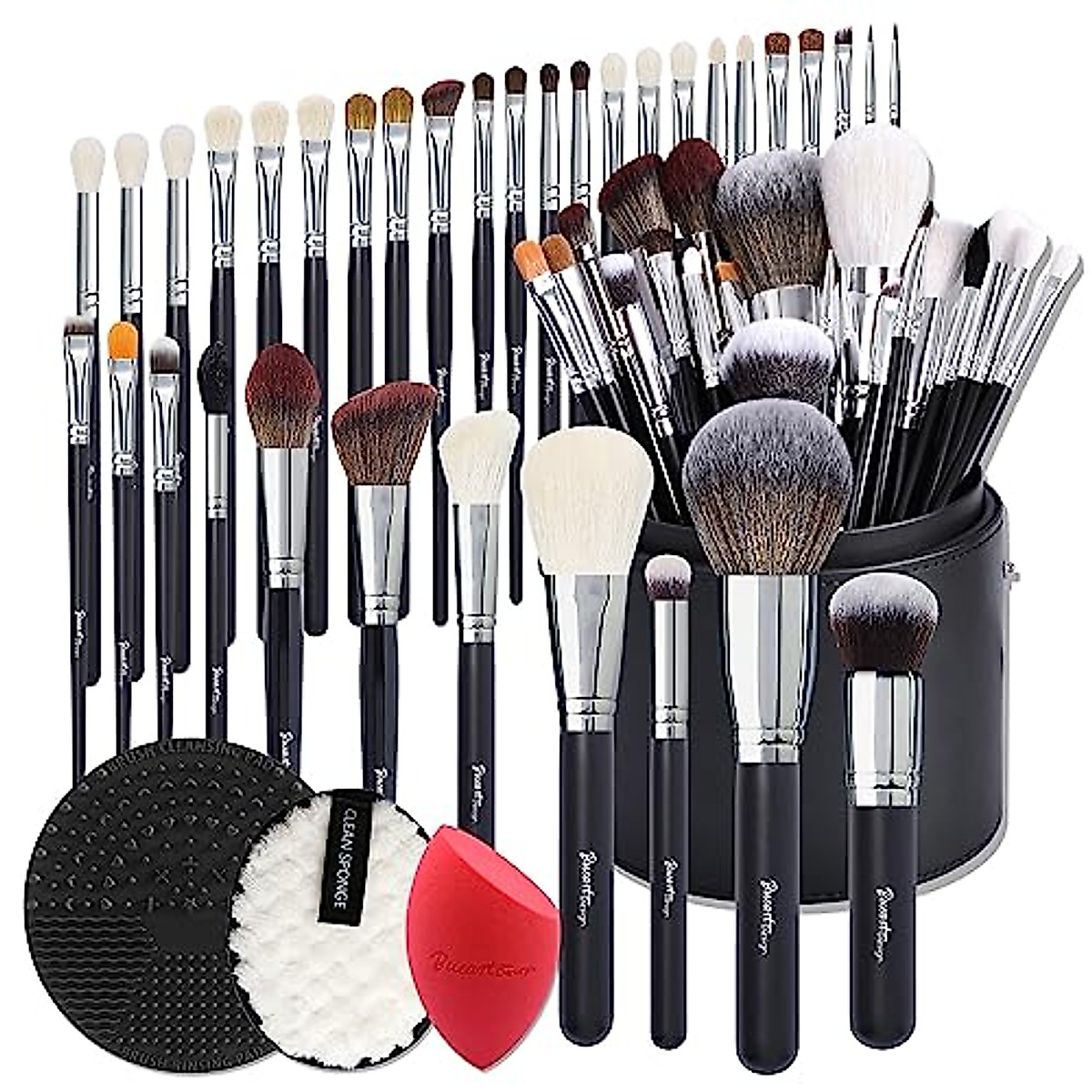 Bueart Design Pro makeup Artist Brushes Set 34Pcs Deluxe Real Goat Hair Horse hair Makeup Brush Set with extra Large Holder Professional labeled makeup brush set with natural Pony Hair