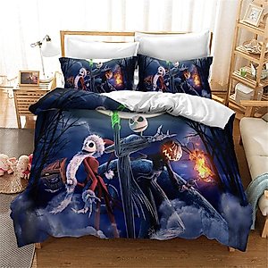 MHSHM Nightmare Before Christmas Duvet Cover Set Jack Skellington Printed Pattern 3 Pieces 1 Duvet Cover + 2 Pillow Shams-Full