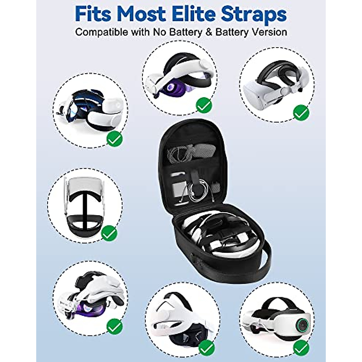 PECOOVR Carrying Case for Meta Oculus Quest 2, Fits Headset with Official & Elite Strap Battery Pack and Other VR Accessories, Includes Lens Cover, Cleaning Pen, Cloth for Travel and Home Storage