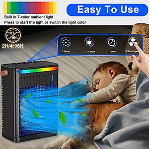 Portable Air Conditioners Fan - Portable AC Mini Air Cooler,Personal Quiet Small Mobile Cooling Fan,2/4/6 H Timer, 5 Speeds,for Home,Room,Car - Black