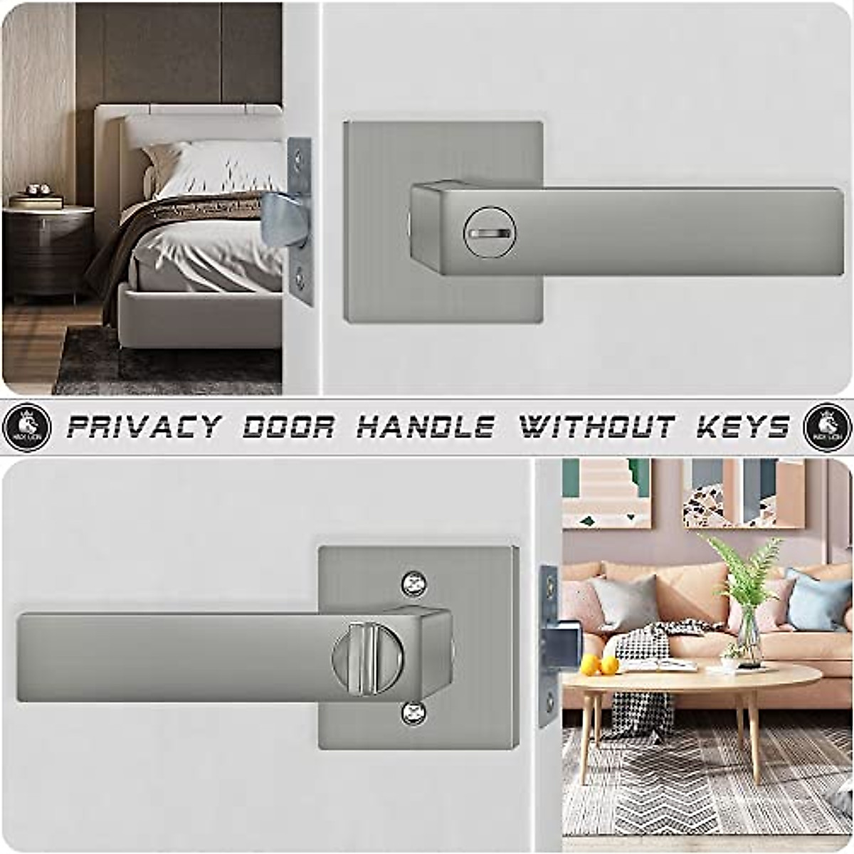 HADE LION Privacy Brushed Nickel Door Handles Lock Without Keys, Square Door Lever, Bathroom/Bedroom Heavy Duty Door Knobs Interior 1 Pack