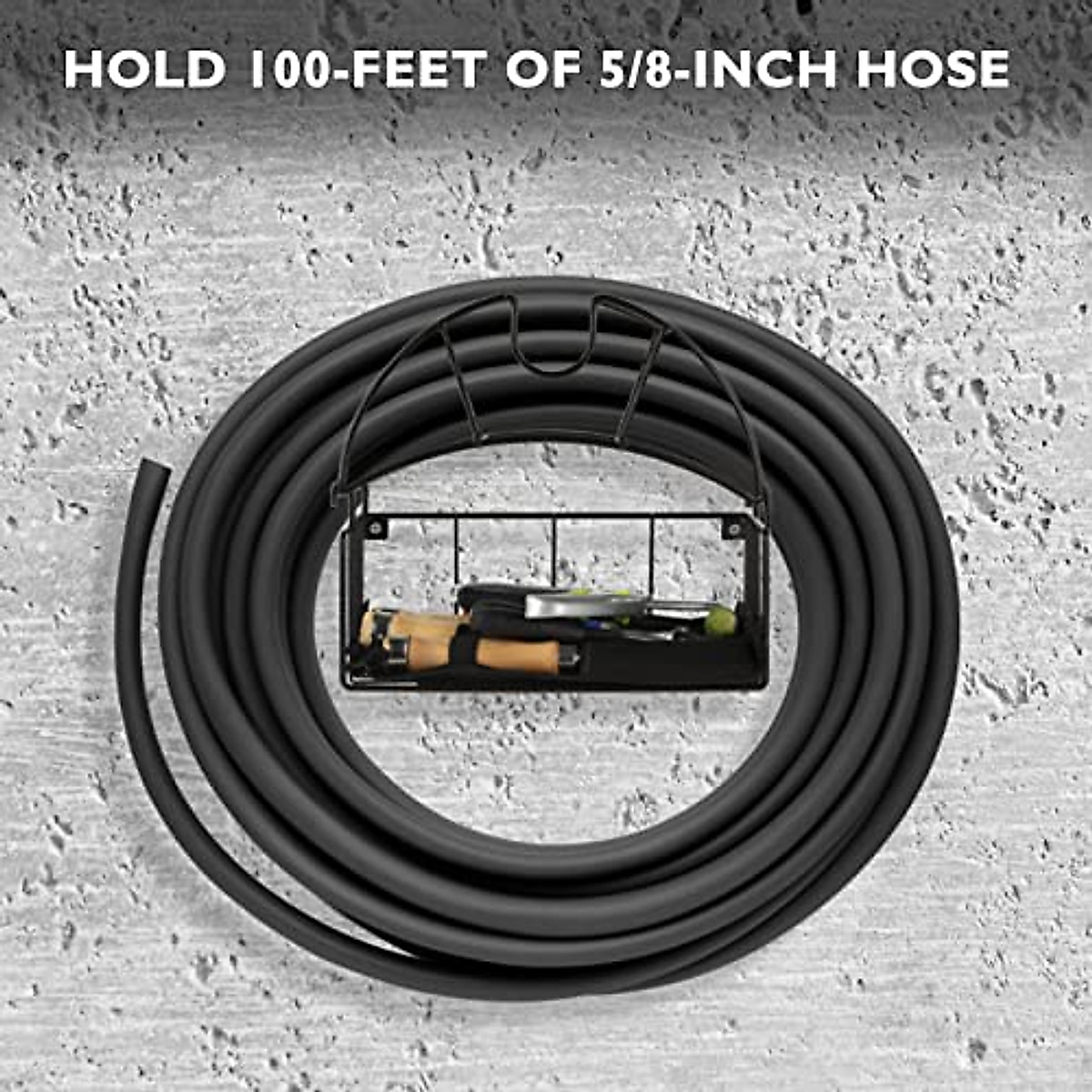 Lagute Garden Hose Holder with Tools Storage Basket Rack, Wall Mount Heavy Duty Water Hose Holder, Metal Hose Hanger Organizer Bracket for Outside Yard, Holds up to 100 ft. of Garden Hose, Brown