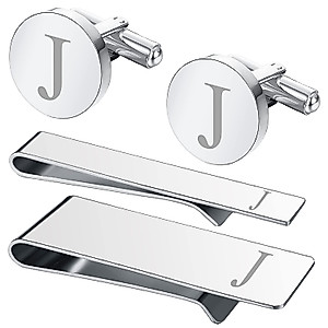 BodyJ4You 4PC Cufflinks, Tie Bar, Money Clip - Initial J Engraving Alphabet Letter - Mirror Polished Metallic Steel Jewelry Set - Men's Cuff Links Shirt Formal Suit - Fathers Day Wedding Groom