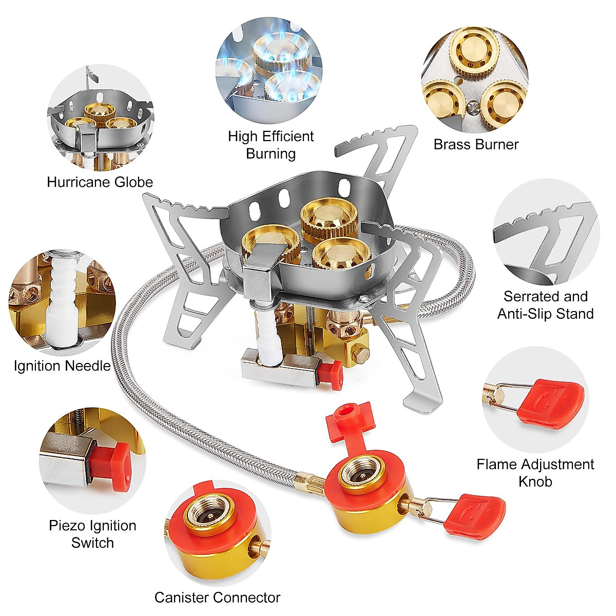 WADEO 6800W Windproof Camping Gas Stove, Small Camping Stove with Piezo Ignition, 1LB Propane Tank Adapter, Butane Adapter for Outdoor Cooking, Picnic, Camping and Hiking