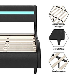 TTVIEW Queen Upholstered Smart LED Bed Frame with Headboard，Modern Faux Leather Wave-Like Platform Bed Frame, Low Profile Bed Frame with Solid Wood Slats Support, Black