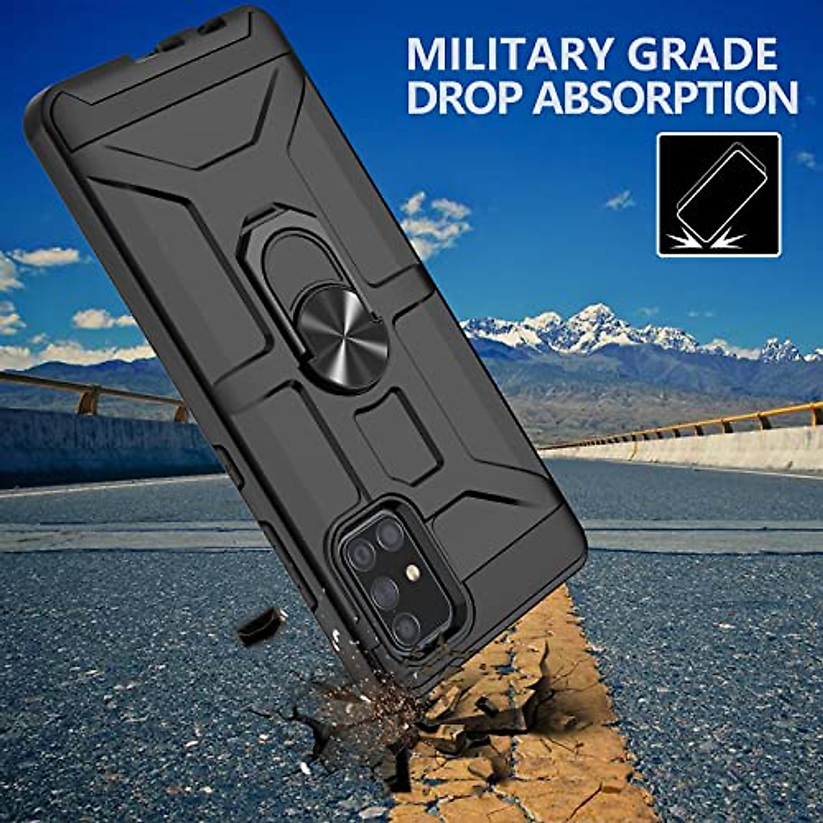 Samsung Galaxy A51 Case, Galaxy A51 5G Case with 3X Tempered Glass Screen Protector, Built-in Ring Kickstand and Magnetic Car Mount Shockproof Dropproof Military Grade Armor Rugged Case, Black